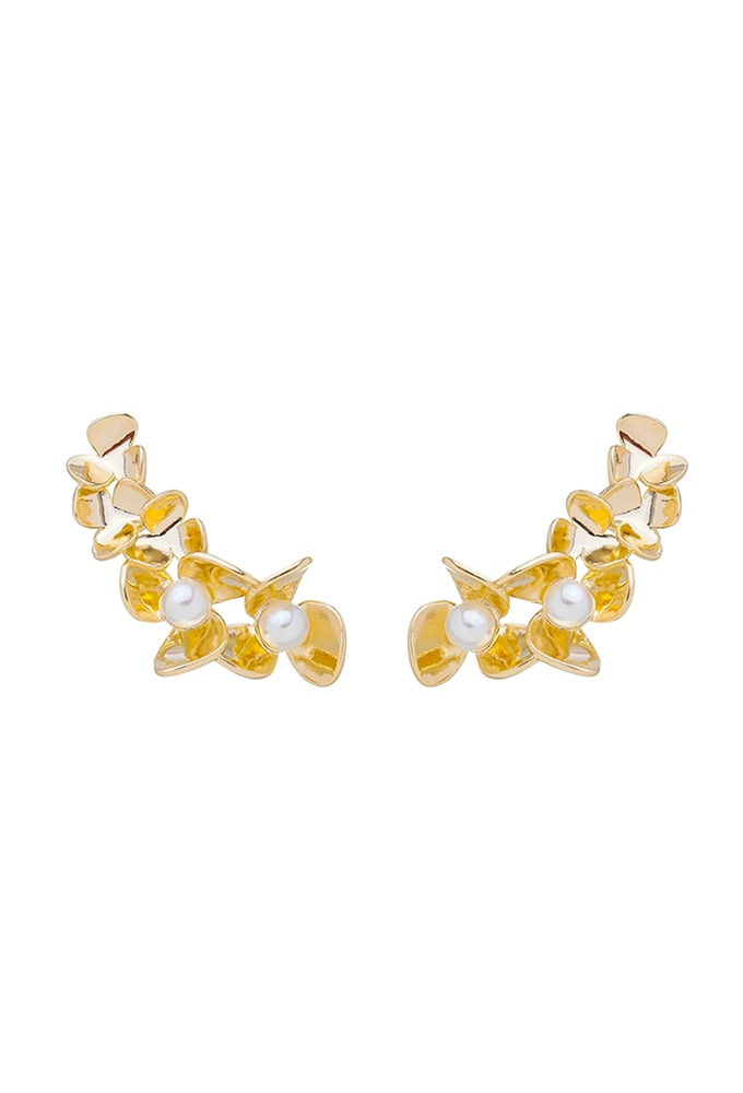 Brinco luxo ear cuff flores e pérolas | Revenda Oh My Gold