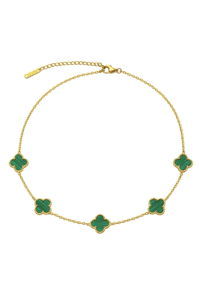Colar de trevo malaquita inox dourado | Revenda Oh My Gold
