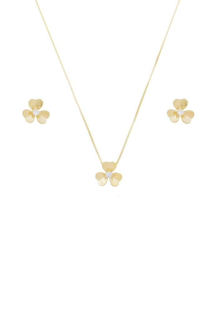 Conjunto de flor com zircônia cristal no ouro l Revenda Oh My Gold