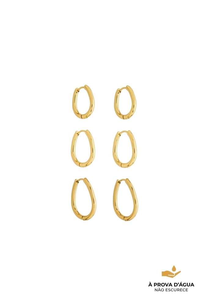 Trio de argolas ovais inox dourado | Revenda Oh My Gold